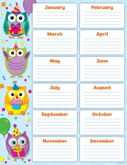 Product: COLOURFUL OWLS BIRTHDAY CHART - Stationery - School Essentials
